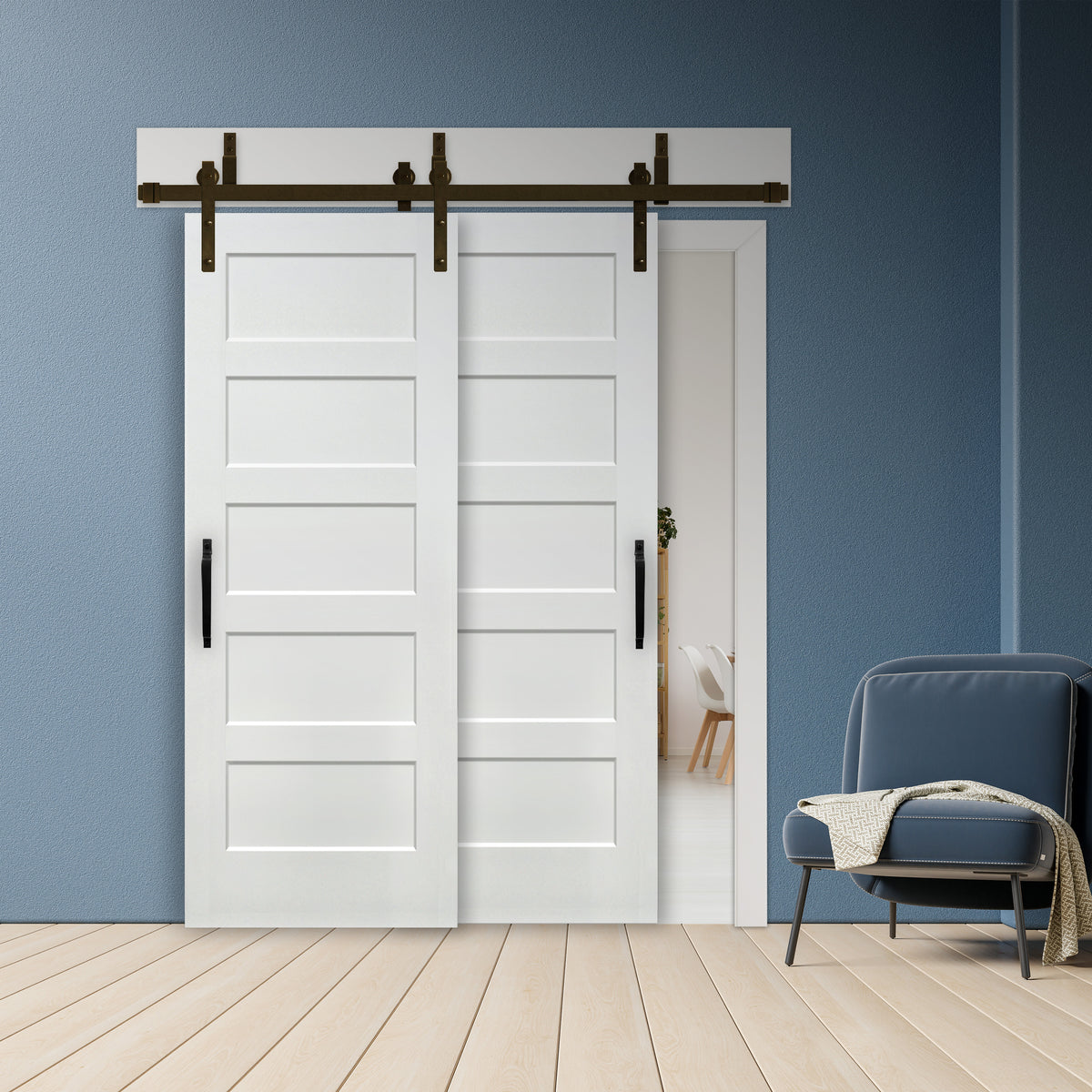 Shaker 5-Panel Primed Pine Interior Bypass Barn Door | Sliding Barn ...